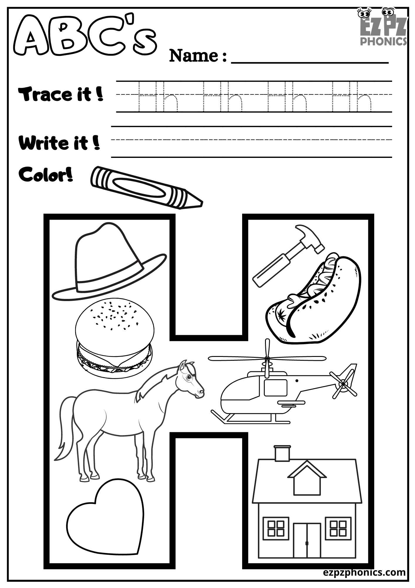 Letter H Trace, Write, and Color - ezpzphonics.com Letter H Trace, Write, and Color - ezpzphonics.com